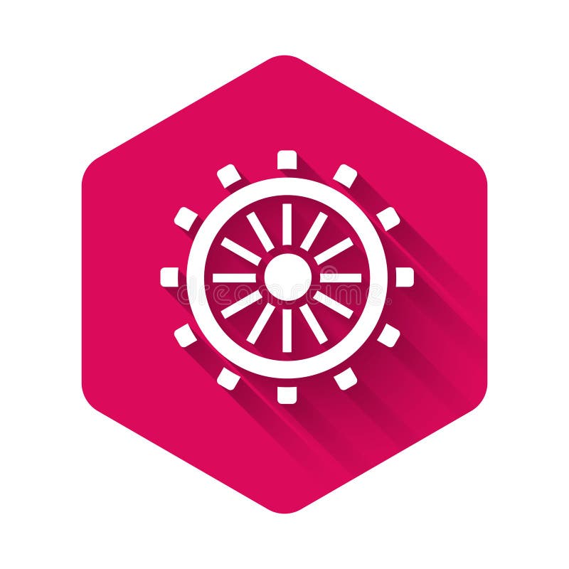 White Ship Steering Wheel Icon Isolated with Long Shadow. Pink Hexagon ...