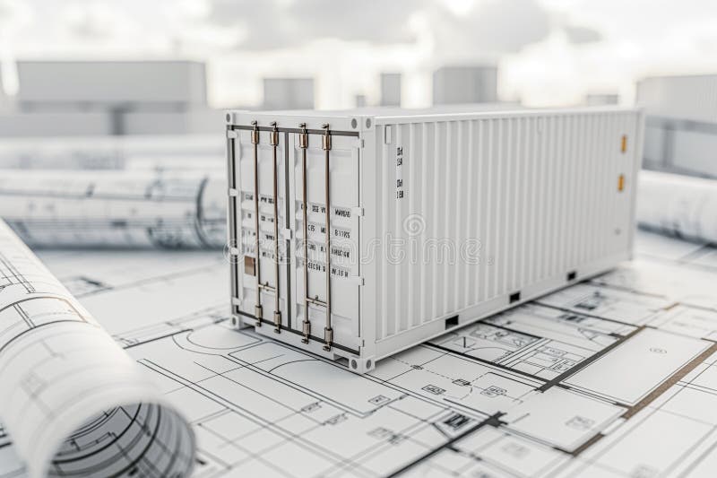 White Shipping Container on Blueprints Stock Photo - Image of ...