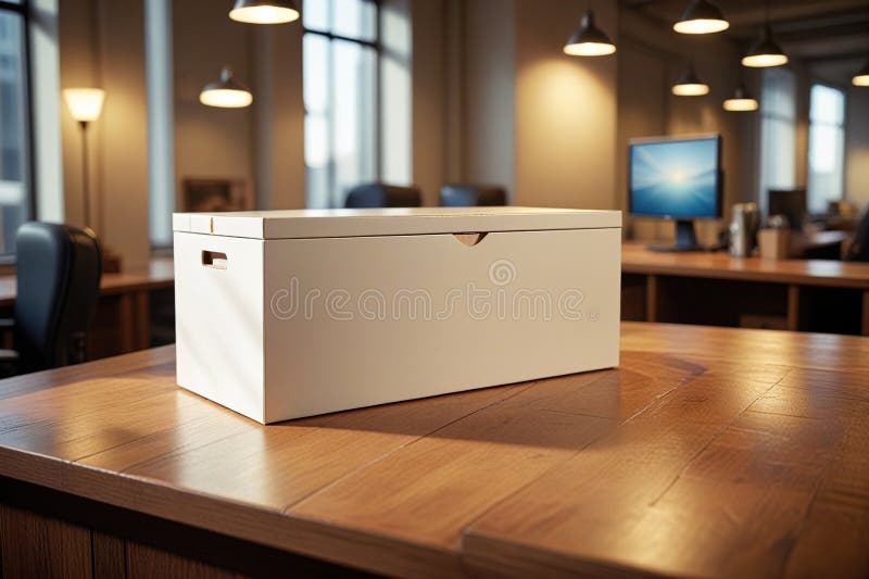 White Shipping Delivery Box on Reception Desk in Modern Office Stock ...