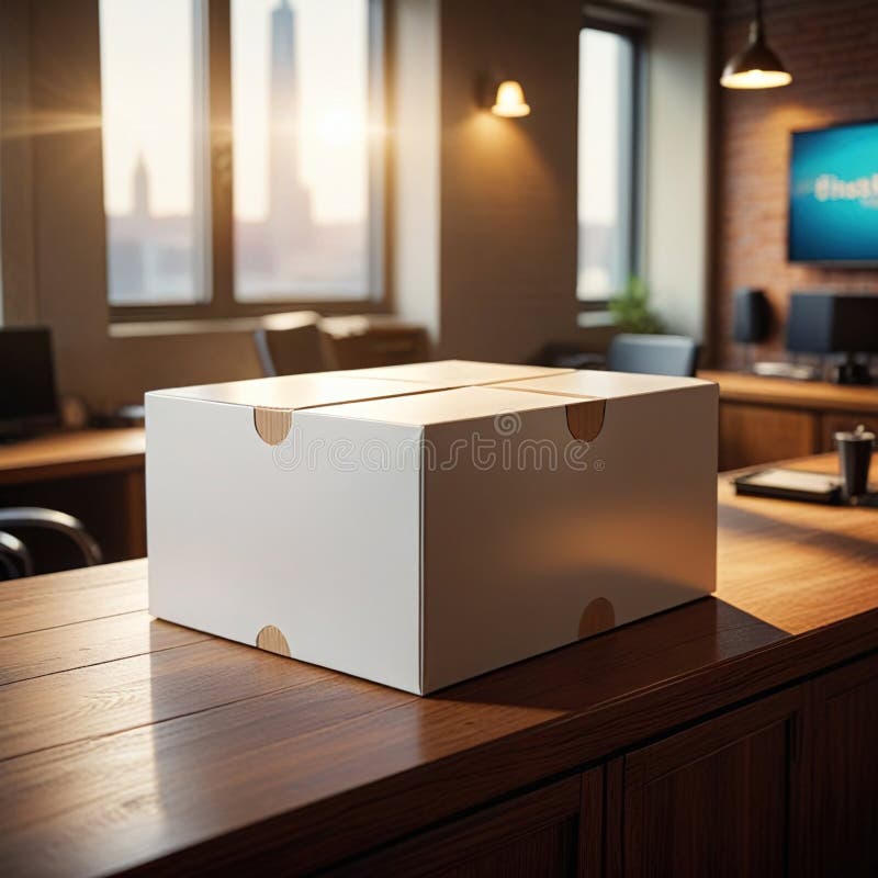 White Shipping Delivery Box on Reception Desk in Modern Office Stock ...