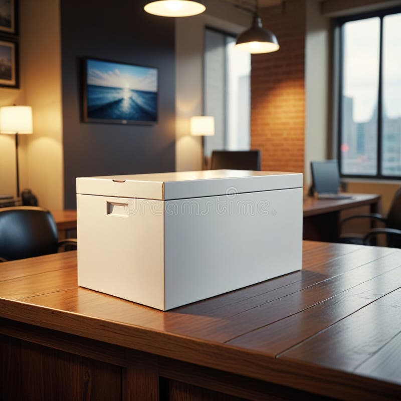 White Shipping Delivery Box on Reception Desk in Modern Office Stock ...