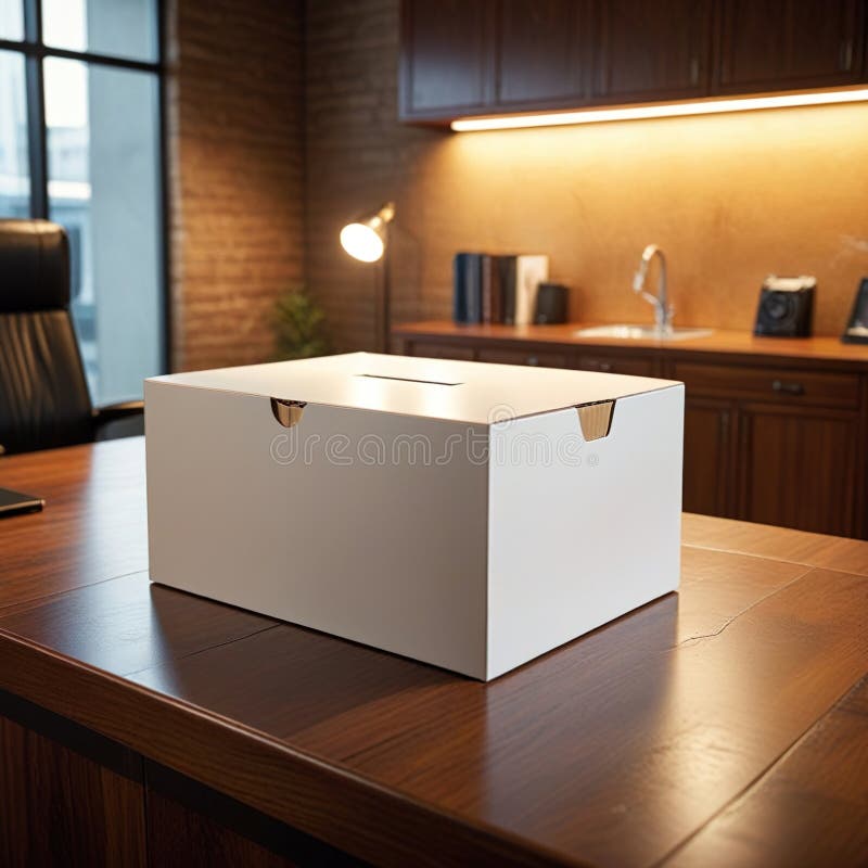White Shipping Delivery Box on Reception Desk in Modern Office Stock ...
