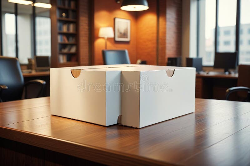 White Shipping Delivery Box on Reception Desk in Modern Office Stock ...