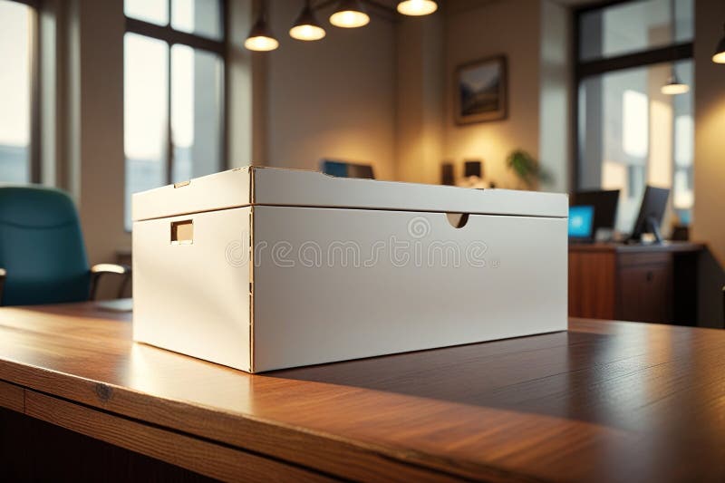 White Shipping Delivery Box on Reception Desk in Modern Office Stock ...