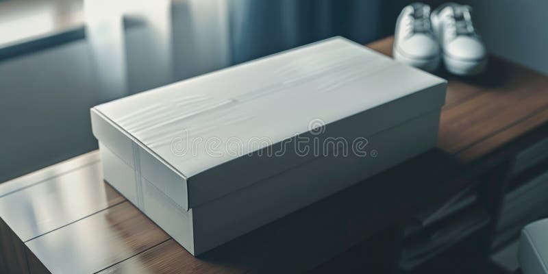 A White Shoe Box Placed on a Wooden Table. Suitable for Product ...