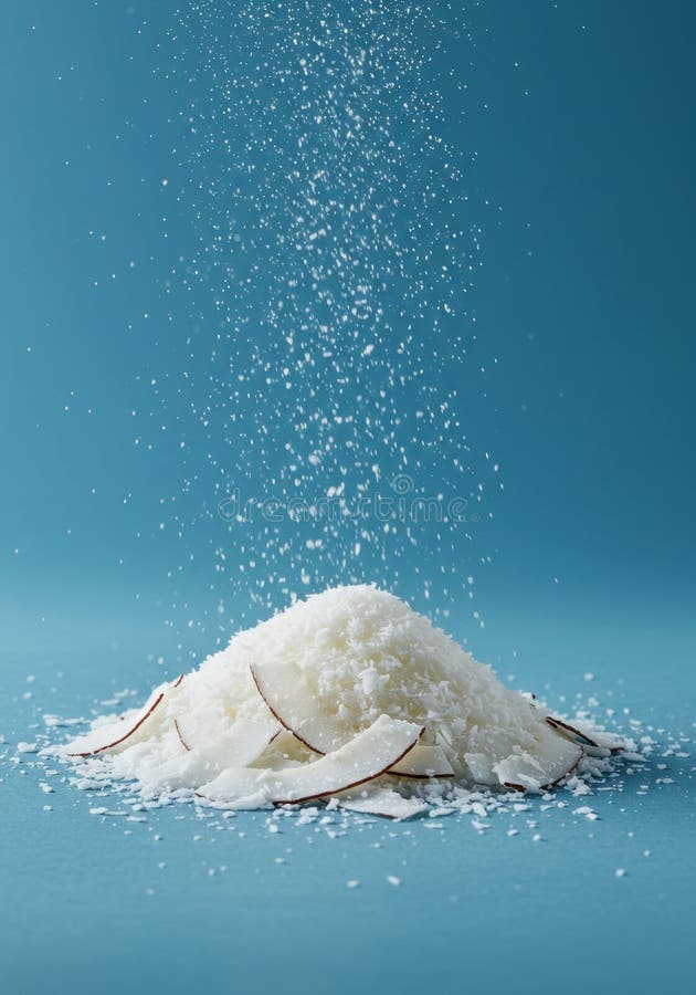 White Shredded Coconut Pile with Sprinkling Powder on Blue Background ...