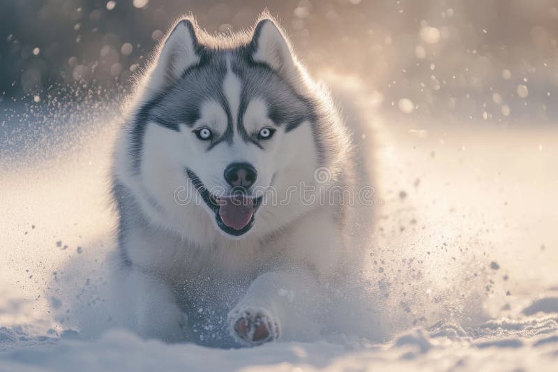 White Siberian Husky Running Fast in the Snow Having Fun at Sunset ...