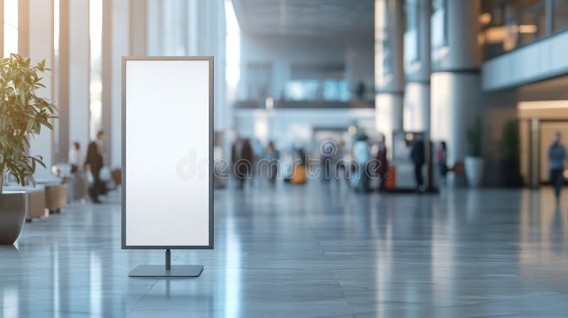 A White Sign is in a Large Room with People Walking Around Stock Image ...