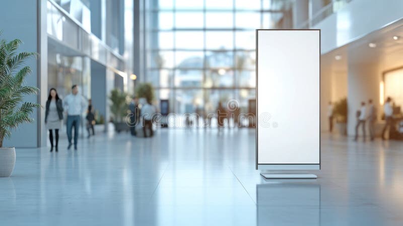 A White Sign is in a Large Room with People Walking Around Stock Photo ...