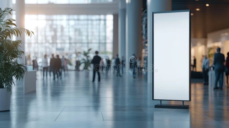 A White Sign is in a Large Room with People Walking Around Stock Image ...