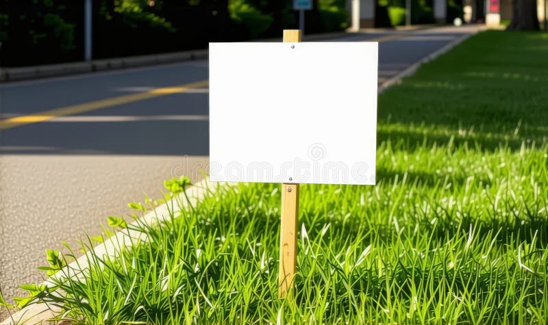 White Sign is on a Post in a Grassy Area Stock Image - Image of area ...