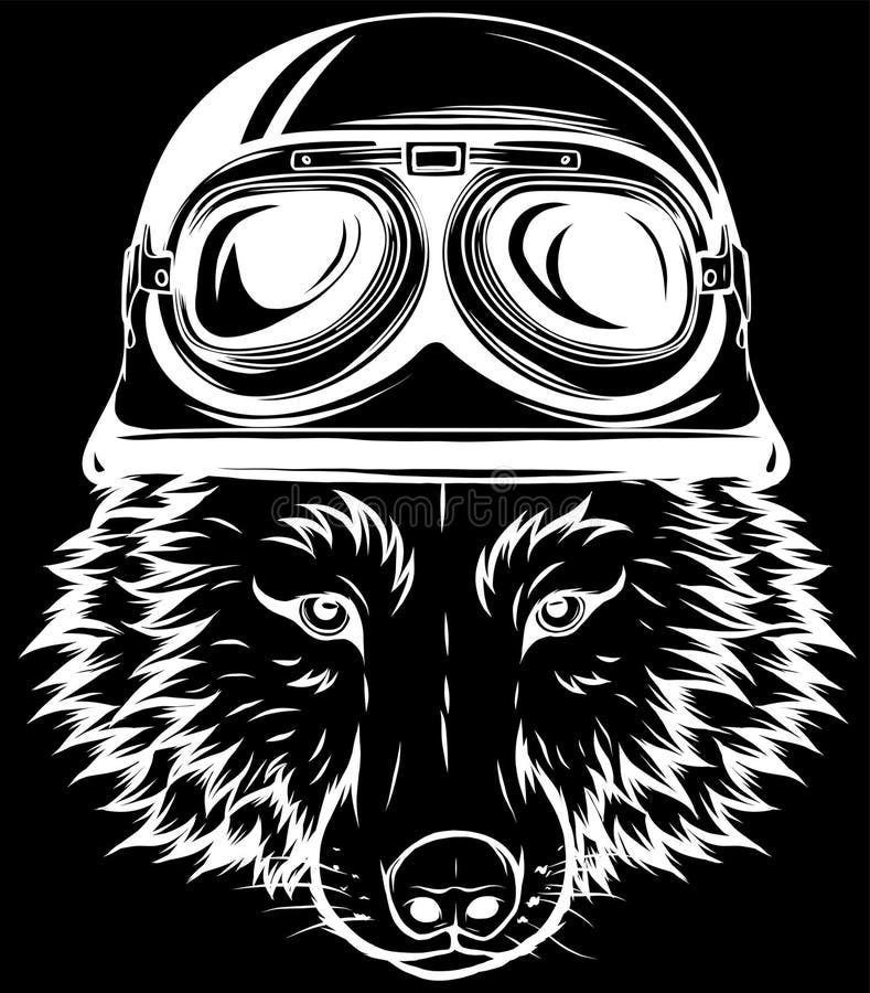 White Silhouette of Head Wolf with Helmet on Black Background Stock ...