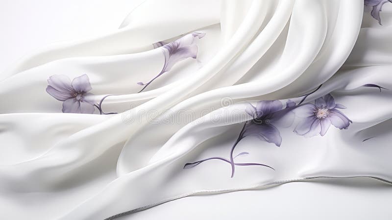 A White Silk Fabric with Purple Flowers on a White Background. the ...