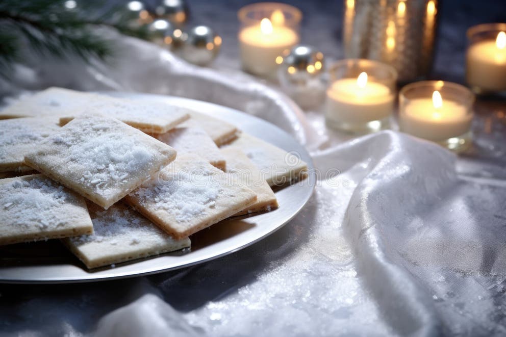 White and Silver Crackers on a Snow-effect Tablecloth Stock Image ...