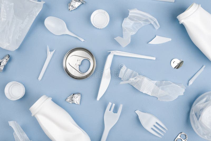 White Single Use Plastic on Blue Background. Environmental, Pollution ...