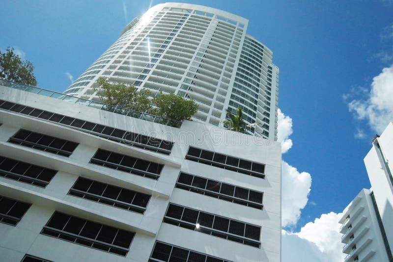 White Sky Scrapper Tall Building Green Trees Deep Blue Skies Stock ...