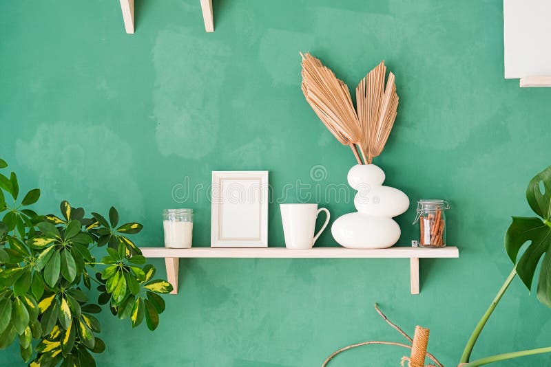 White Small Frame Mockup on Shelf with Decoration Objects, Rustic Green ...