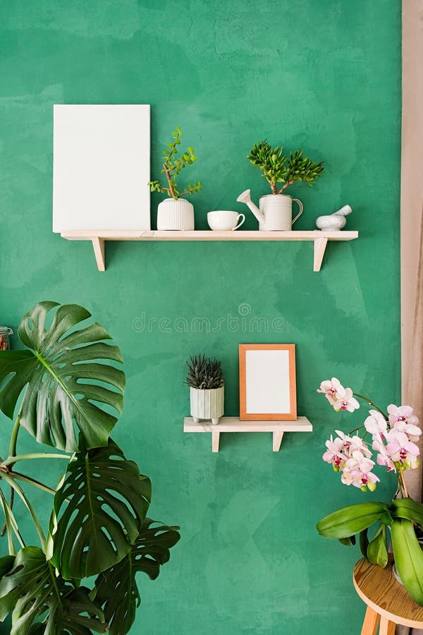 White Small Frame Mockup on Shelf with Decoration Objects, Rustic Green ...