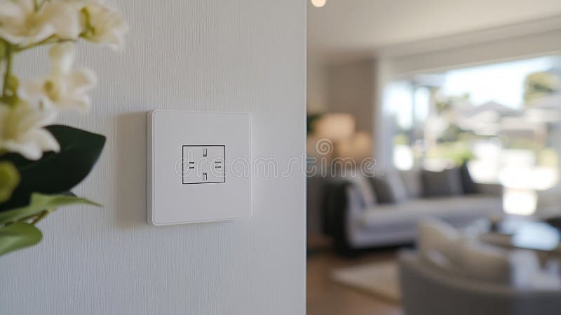 White Smart Home Control Panel on Wall in Modern Living Room Stock ...