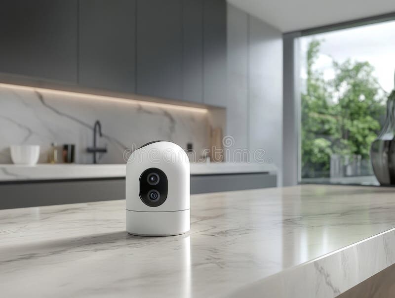 White Smart Home Security Camera on Kitchen Countertop Stock ...