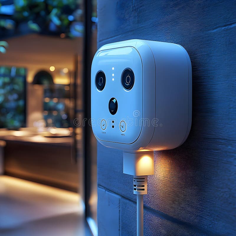 White Smart Home Security Camera with Lens and Two Buttons Mounted on ...