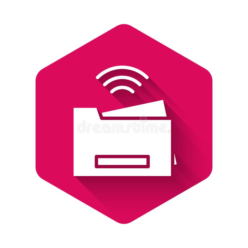 White Smart Printer System Icon Isolated with Long Shadow. Internet of ...
