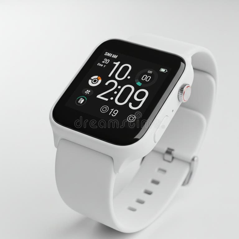 A White Smart Watch with a Rectangular Screen and Rounded Edges ...