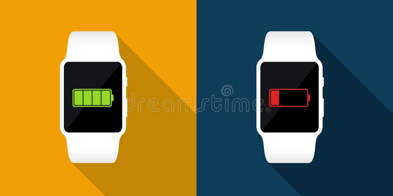 White Smart Watches with Full and Low Battery Icon. Vector Flat ...