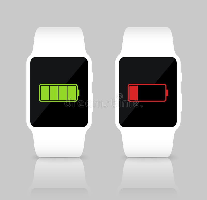 White Smart Watches with Full and Low Battery Icon. Vector Illustration ...