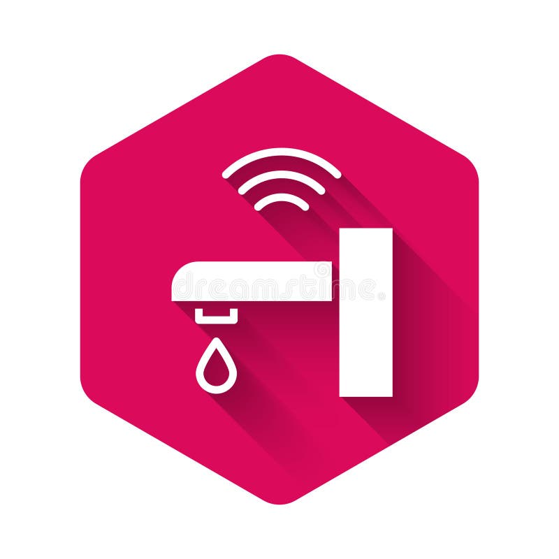 White Smart Water Tap System Icon Isolated with Long Shadow. Internet ...