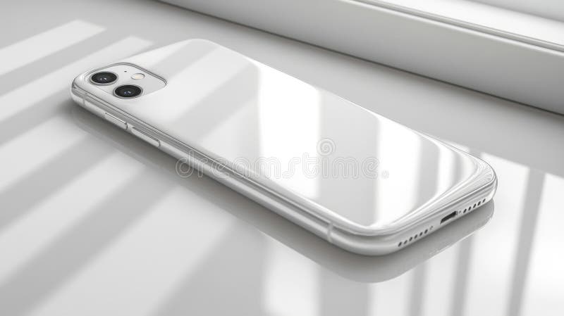 White Smartphone Back View on White Table with Window Shadows Stock ...