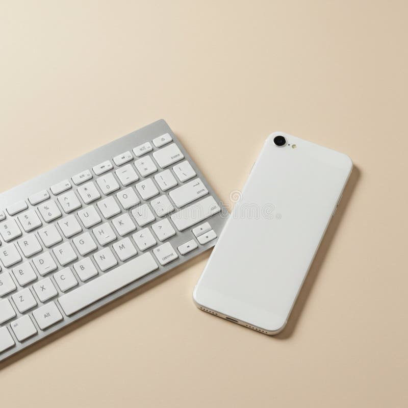 A White Smartphone Lies beside a Wireless Keyboard on a Beige Surface ...