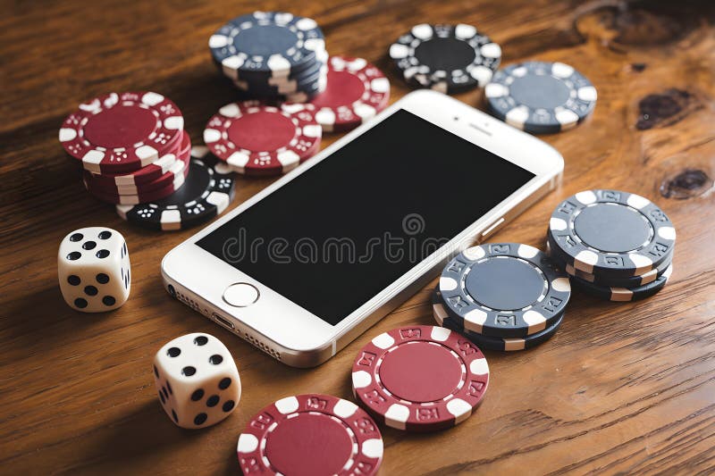 White Smartphone, Poker Chips, and Dice on Wooden Table, Black Screen ...