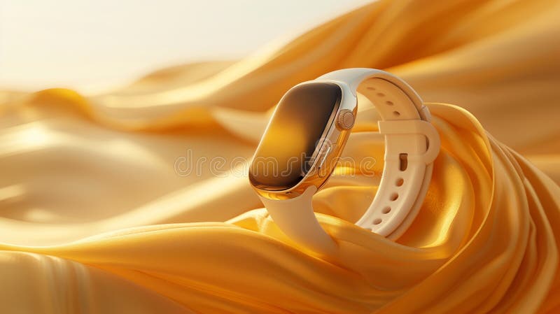 White Smartwatch with Gold Bezel on Yellow Fabric Stock Image - Image ...