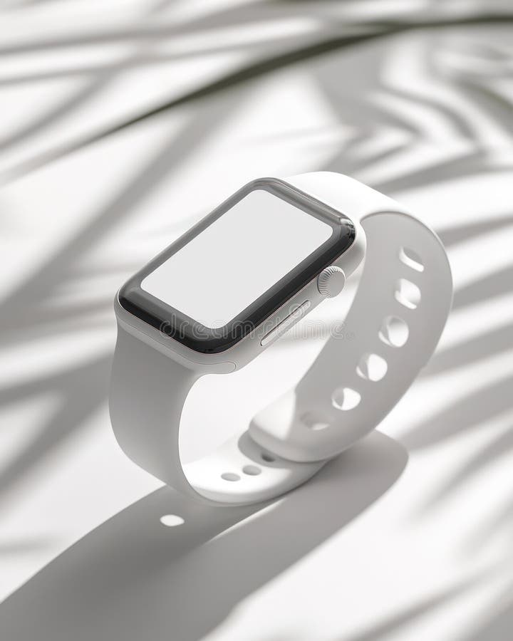 White Smartwatch on White Surface with Palm Leaf Shadow Showing Blank ...