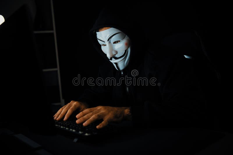 White Smiling Criminal Anonymous Mask Installing Virus Encryption ...