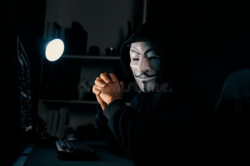 White Smiling Criminal Anonymous Mask Looking Camera with Hand Joining ...