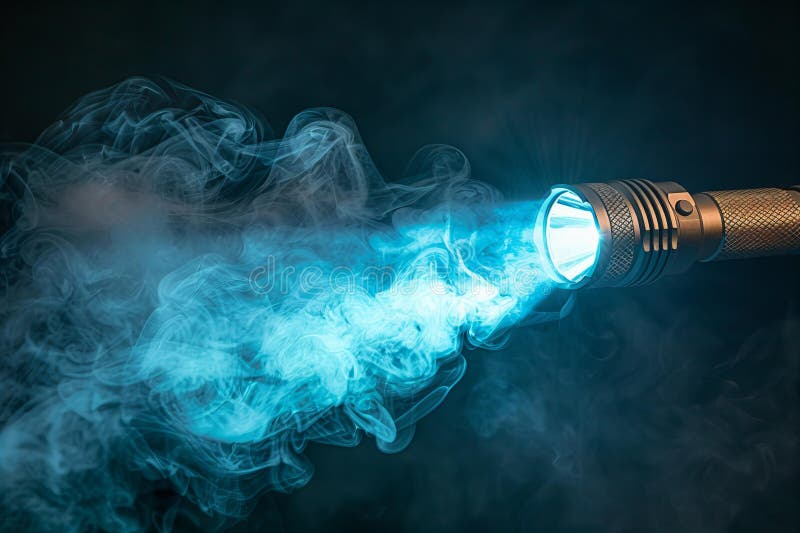 White Smoke Coming Out of Flashlight on Black Background. Dark and ...