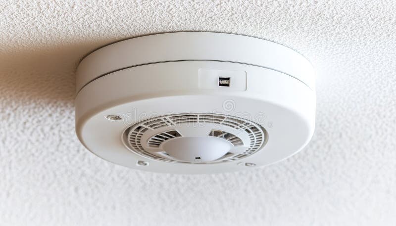 White Smoke Detector Mounted on Textured Ceiling, Ensuring Home Safety ...