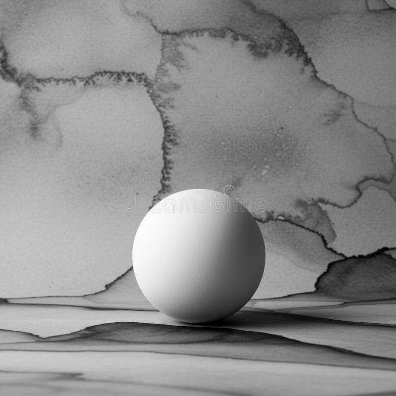 A White, Smooth Sphere Sits on a Surface with a Textured, Abstract ...