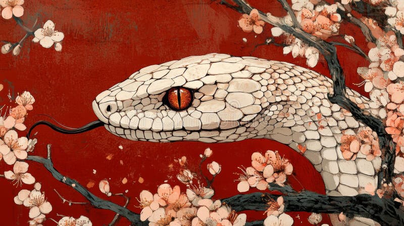 White Snake Amidst Delicate Cherry Blossoms Stock Illustration ...