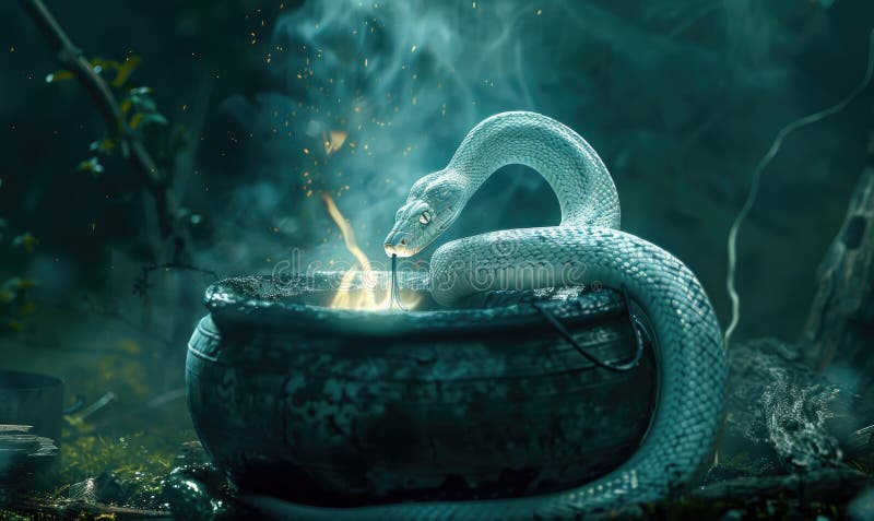 White Snake on Cauldron with Steaming Potion Stock Image - Image of ...