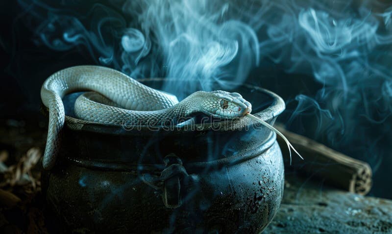 White Snake on Cauldron with Steaming Potion Stock Image - Image of ...