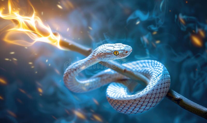 White Snake Coiled Around a Burning Staff Stock Photo - Image of scale ...