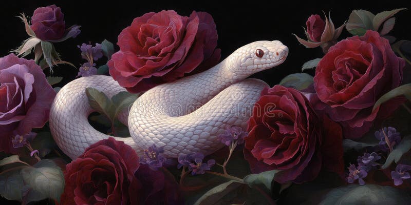 A White Snake Coiling Around Red Roses, the Thorns are Purple Stock ...