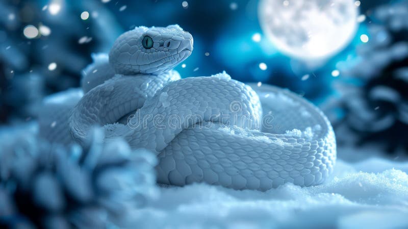 The White Snake Elegantly Curls in the Snow, Illuminated by the ...