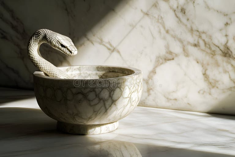 White Snake Emerging from Marble Bowl in Sunlit Marble Room Stock ...