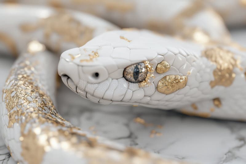 White Snake with Golden Spots on Skin. 3D Snake with Elegant White and ...