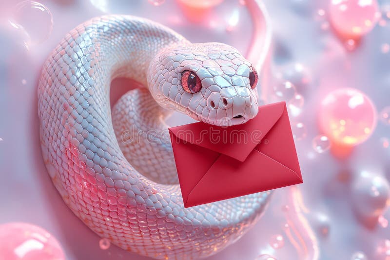 A White Snake Gracefully Holding a Red Envelope on a Soft Pastel ...