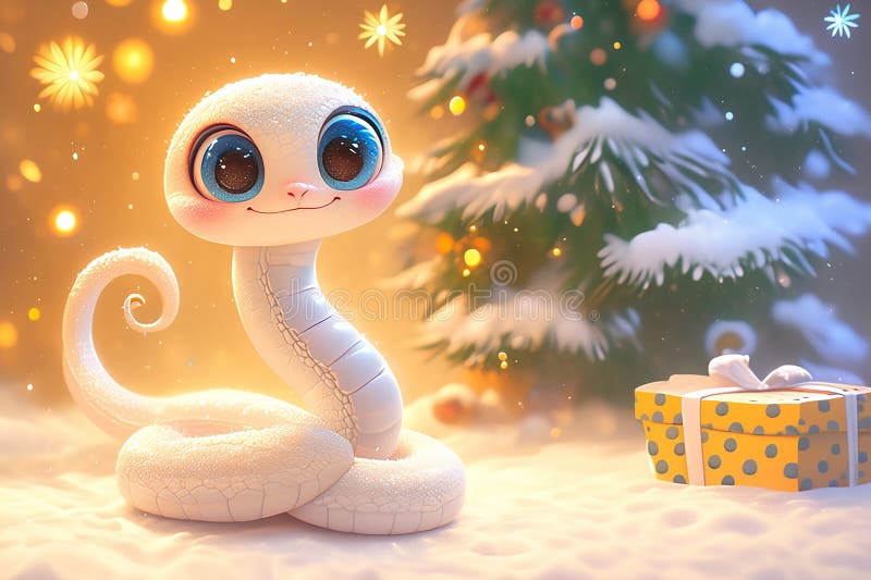 2025 a White Snake is Sitting in the Snow Next To a Christmas Tree. the ...